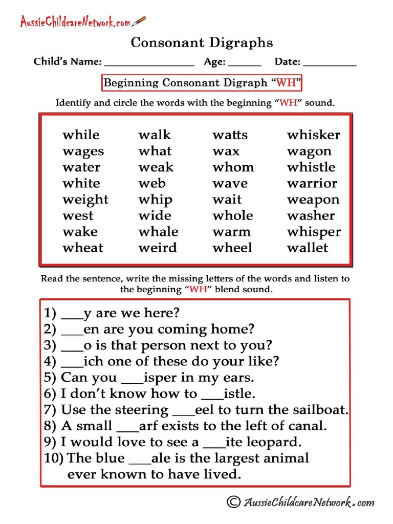 Consonant Digraphs Worksheets Beginning WH | PDF