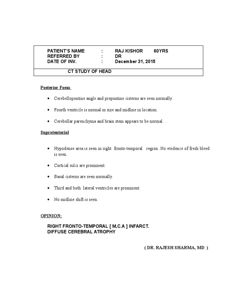 CT Head Report: Fronto-Temporal Infarct | PDF | Social Science ...