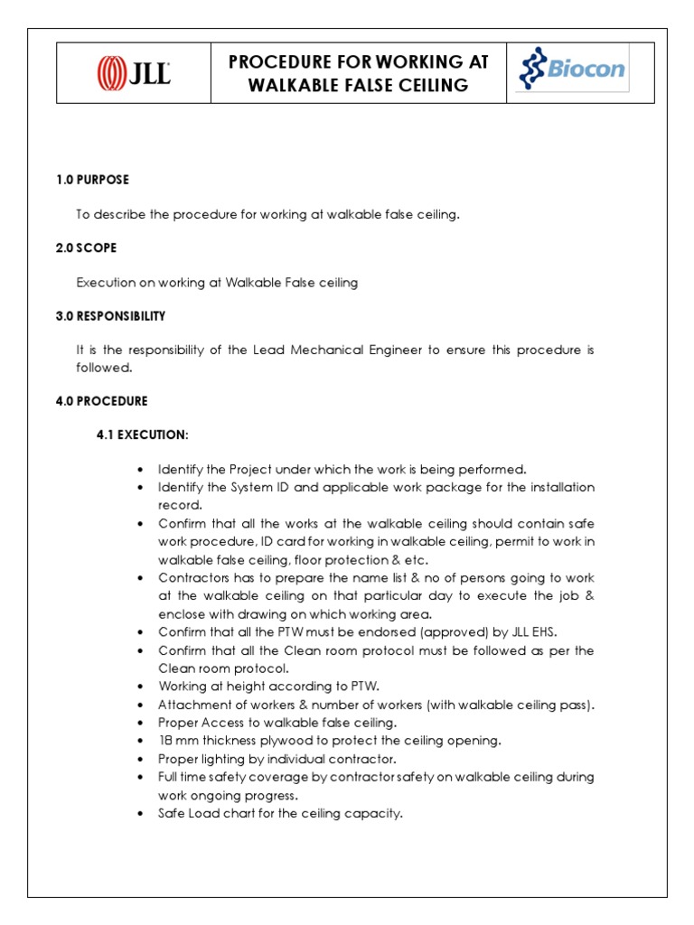 Procedure for Working at Walkable False Ceiling | Personal Protective ...