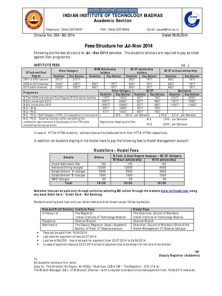 Fees Structure For Jul-Nov 2014: Indian Institute of Technology Madras ...