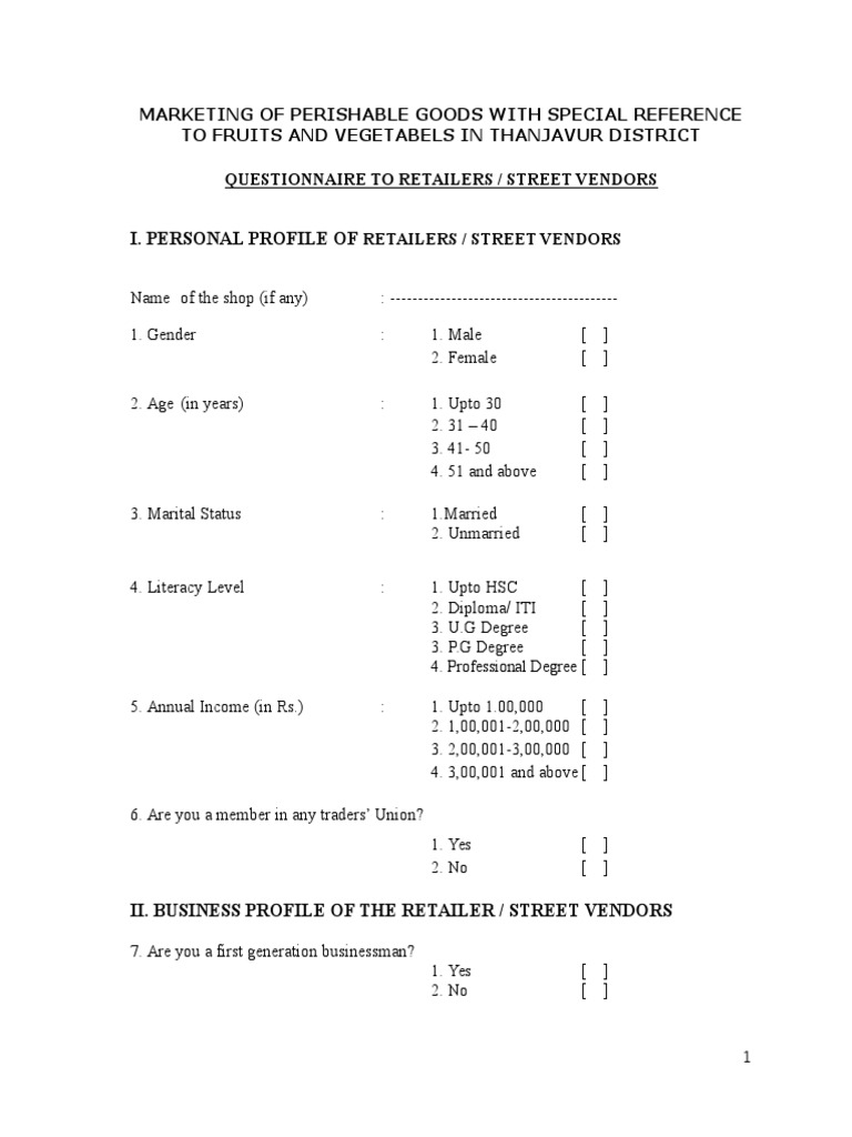 Questionnaire For Fruits and Vegetables Retail | PDF | Retail ...