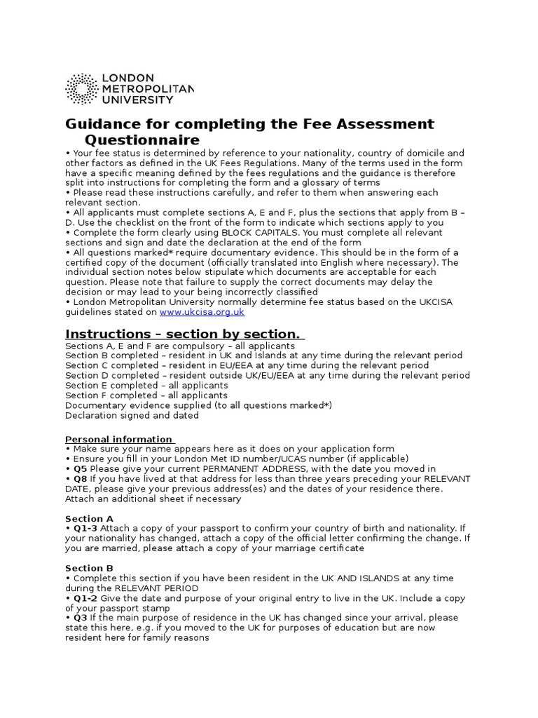 Fee Assessment Questionnaire Guidance | PDF | Cultural Globalization | Human Migration