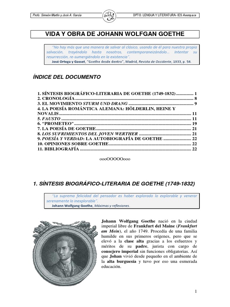 Vida y Obra de Johann Wolfgang Goethe, 1749-1832 | PDF | Johann ...