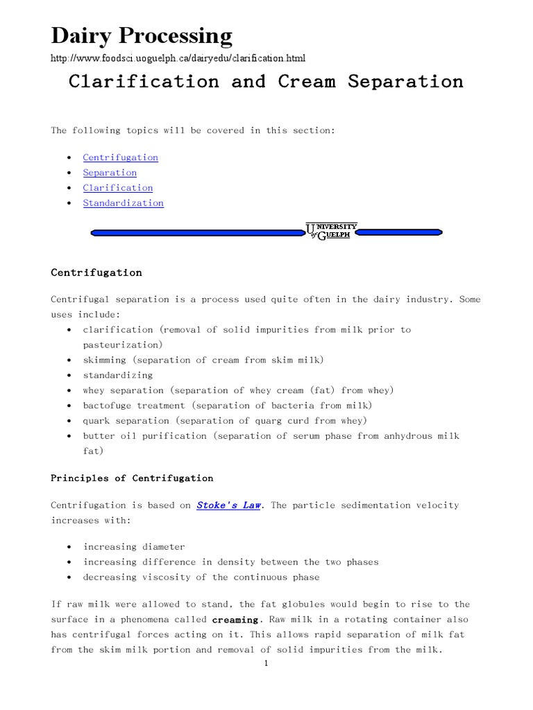 5 Dairy Processing - Clarification and Cream Separation | PDF | Centrifuge | Milk