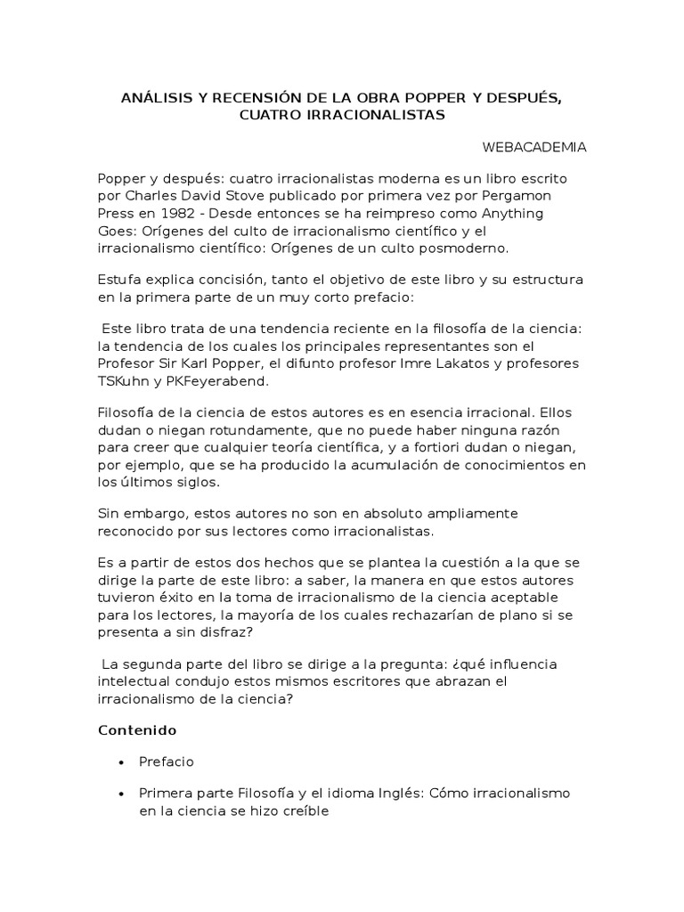 Análisis y Recensión de La Obra Popper y Después, Cuatro ... Análisis y Recensión de La Obra Popper y Después, Cuatro ...