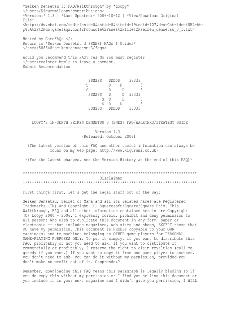 GameFAQs Seiken Densetsu 3 (SNES) FAQ - Walkthrough by Loopy | PDF ...