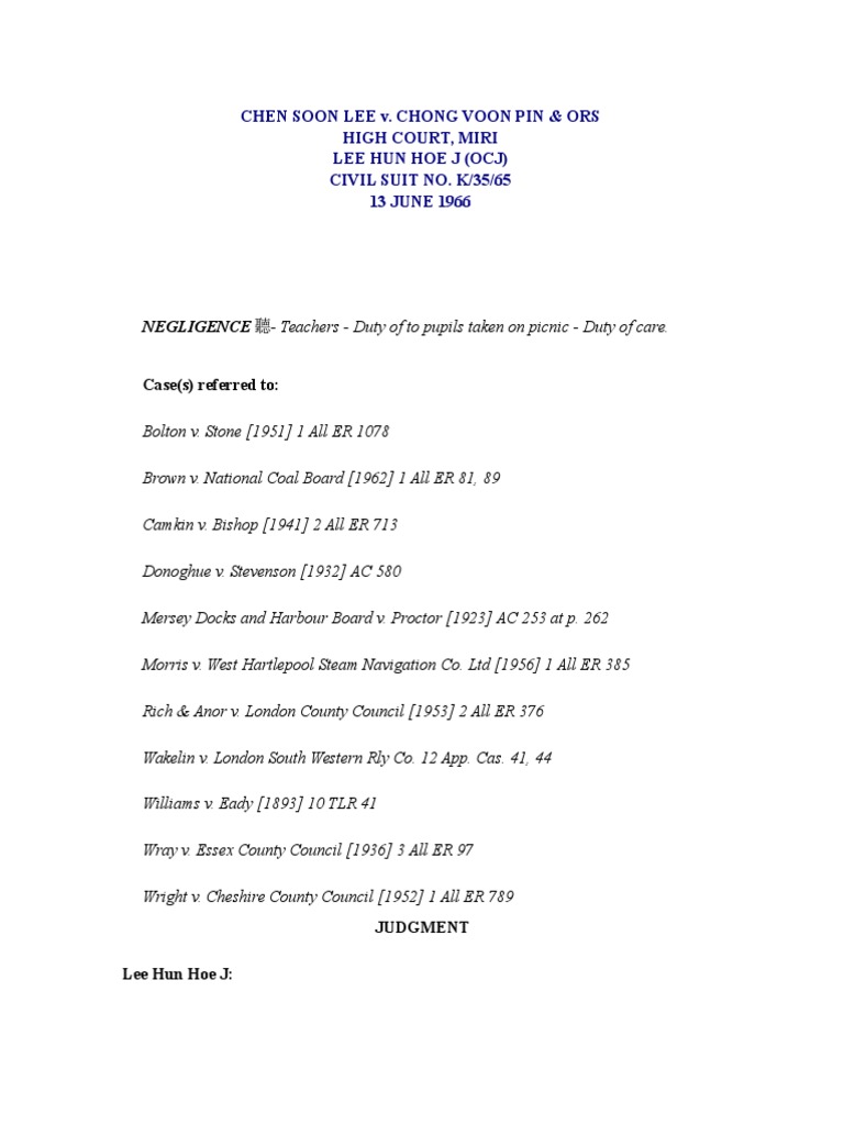 CHEN SOON LEE V | PDF | Duty Of Care | Negligence
