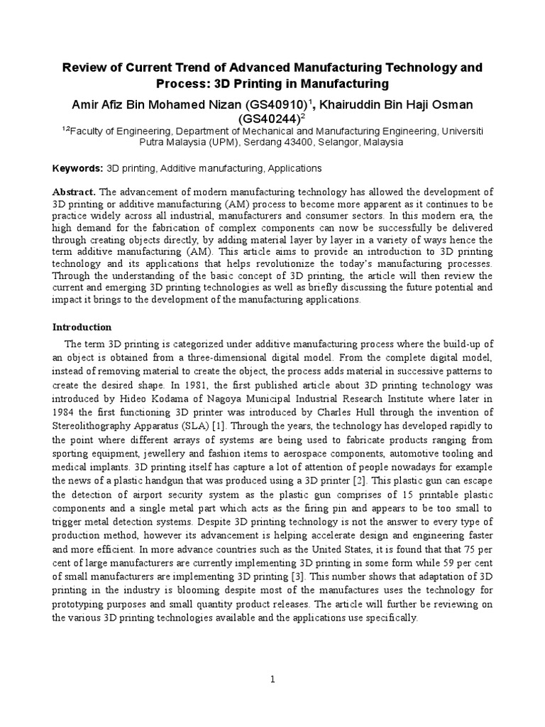 Report Assignment 1 - 3D Printing - FINAL | PDF | 3 D Printing | 3 D ...