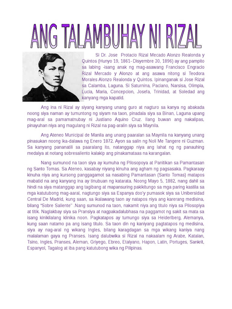 Talambuhay Ni Jose Rizal Maikling Talambuhay Ni Dr. Jose Rizal
