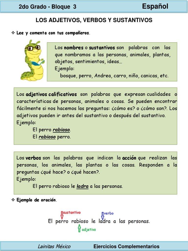 2do Grado - Español - Adjetivos, Verbos y Sustantivos PDF | PDF ...