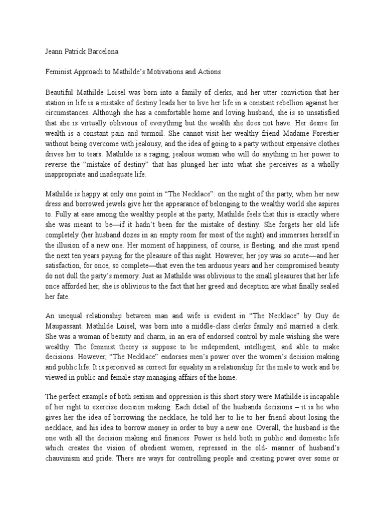 The Necklace Essay | Download Free PDF | Social Ideologies | Feminism