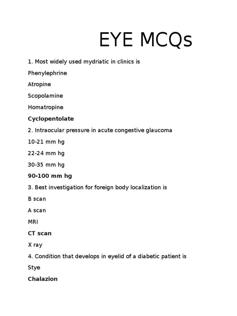 Solved MCQs EYE | PDF | Glaucoma | Cataract