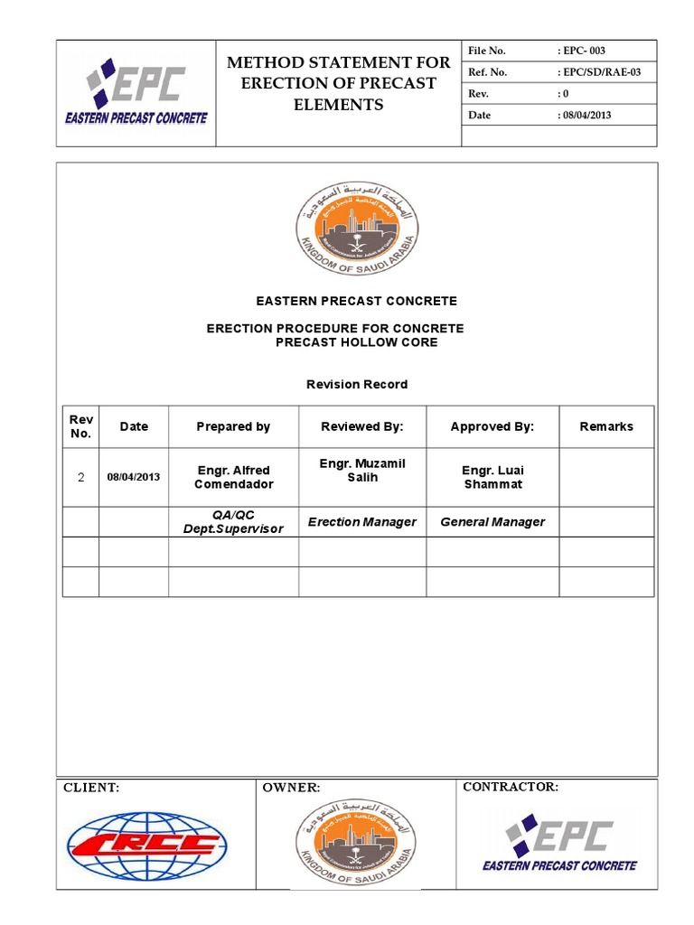 Erection Method Statement Royal Comision (Hollow Core) | PDF | Crane (Machine) | Scaffolding