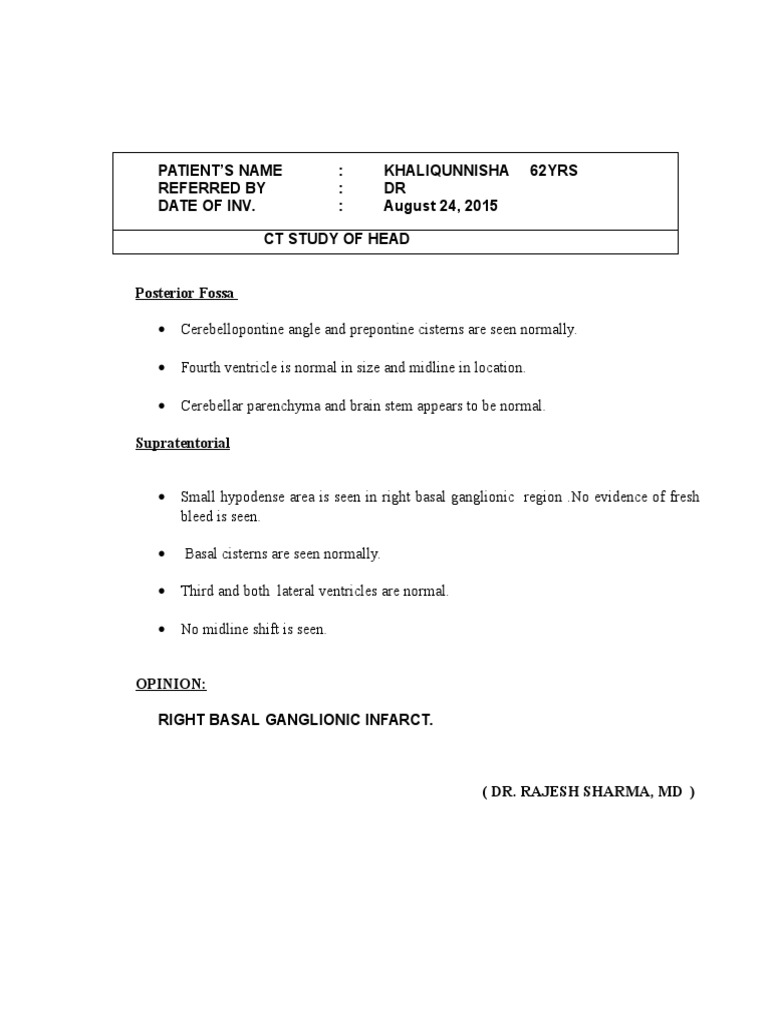 CT Head Study: Right Basal Ganglionic Infarct | PDF | Wellness