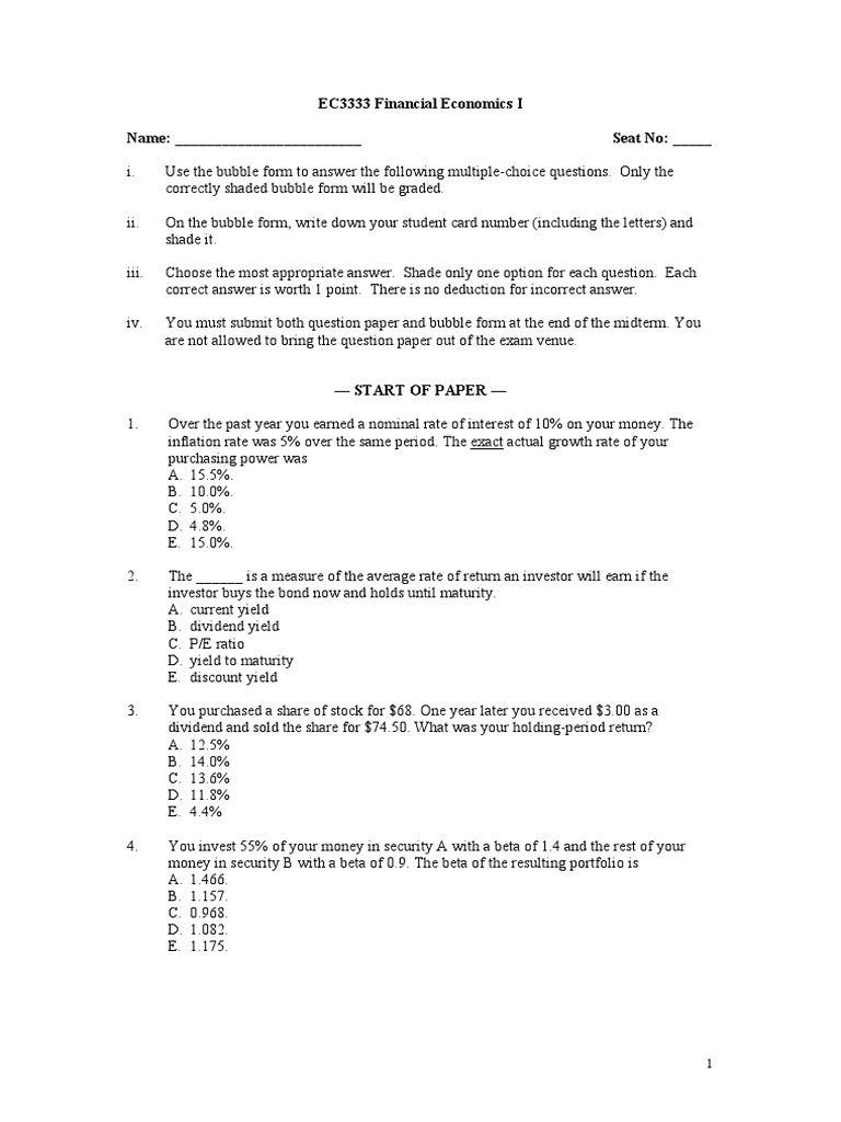 EC3333 Midterm Fall 2014.questions | PDF | Capital Asset Pricing Model ...