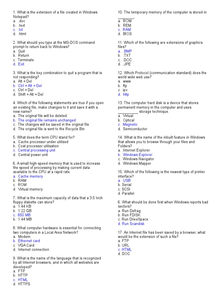Basic Computer Skills Test - 1 | PDF | Computer File | Computer Data ...