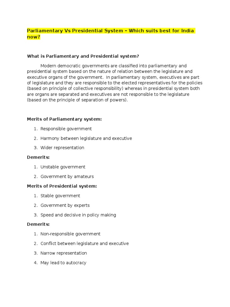 Parliamentary Vs Presidential System | PDF | Parliamentary System ...
