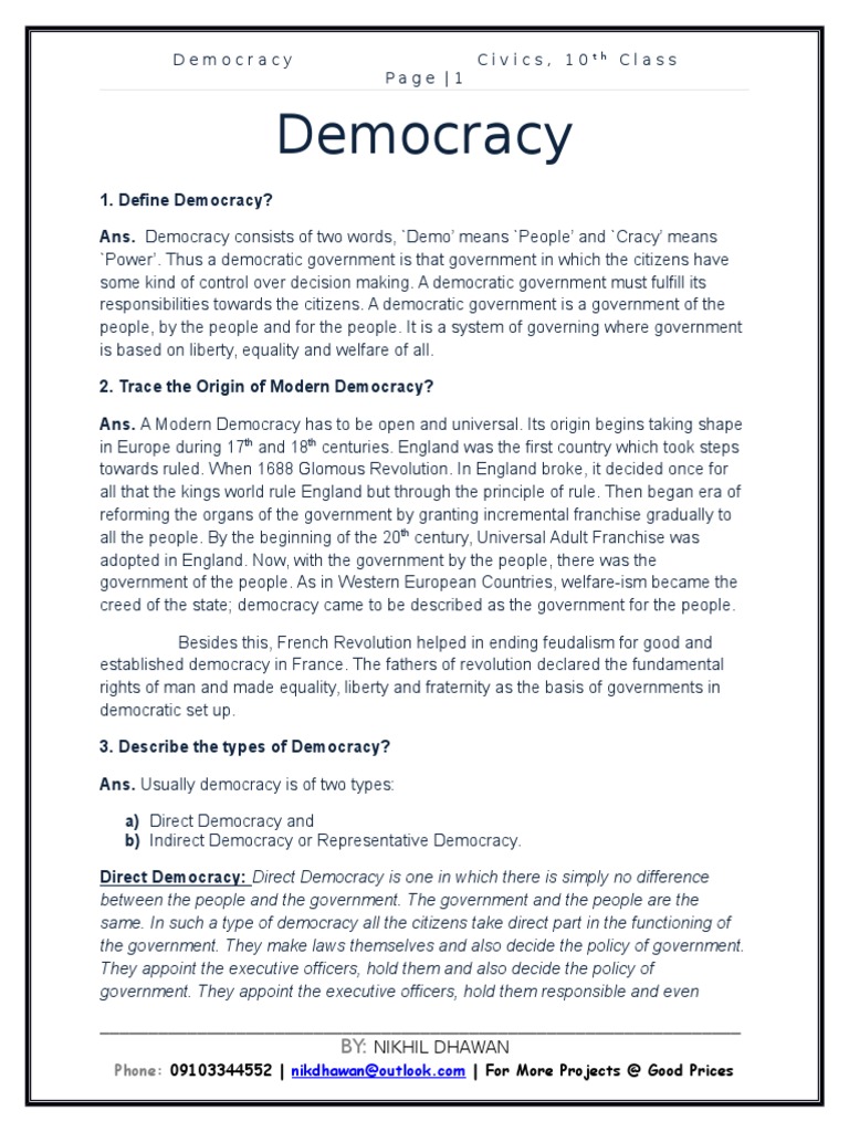 Democracy - 10th Class Civics Notes | PDF | Suffrage | Citizenship