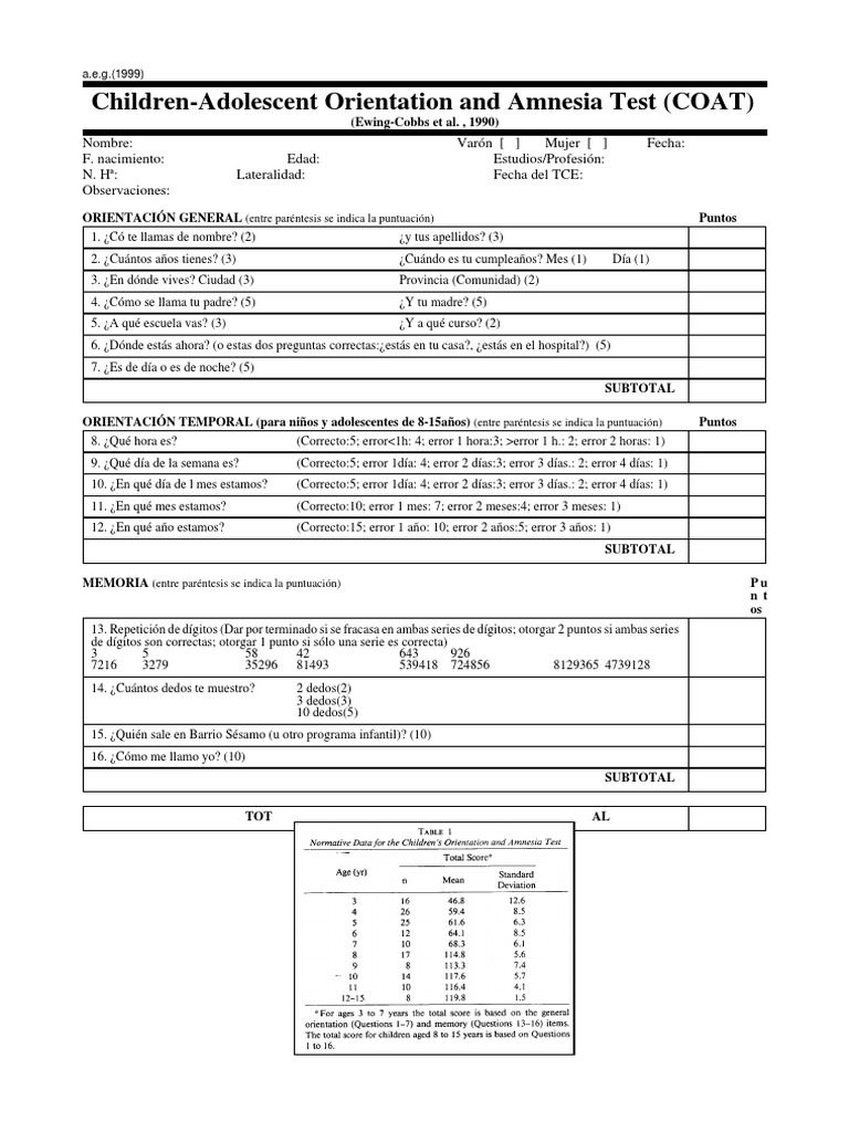 COAT (Children-Adolescent Orientation and Amnesia Test) | PDF