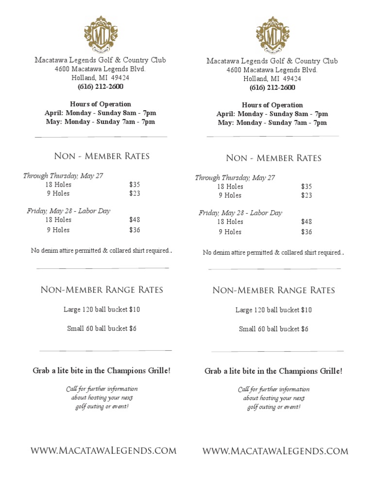 Macatawa Legends Non-Member Golf Rates | PDF