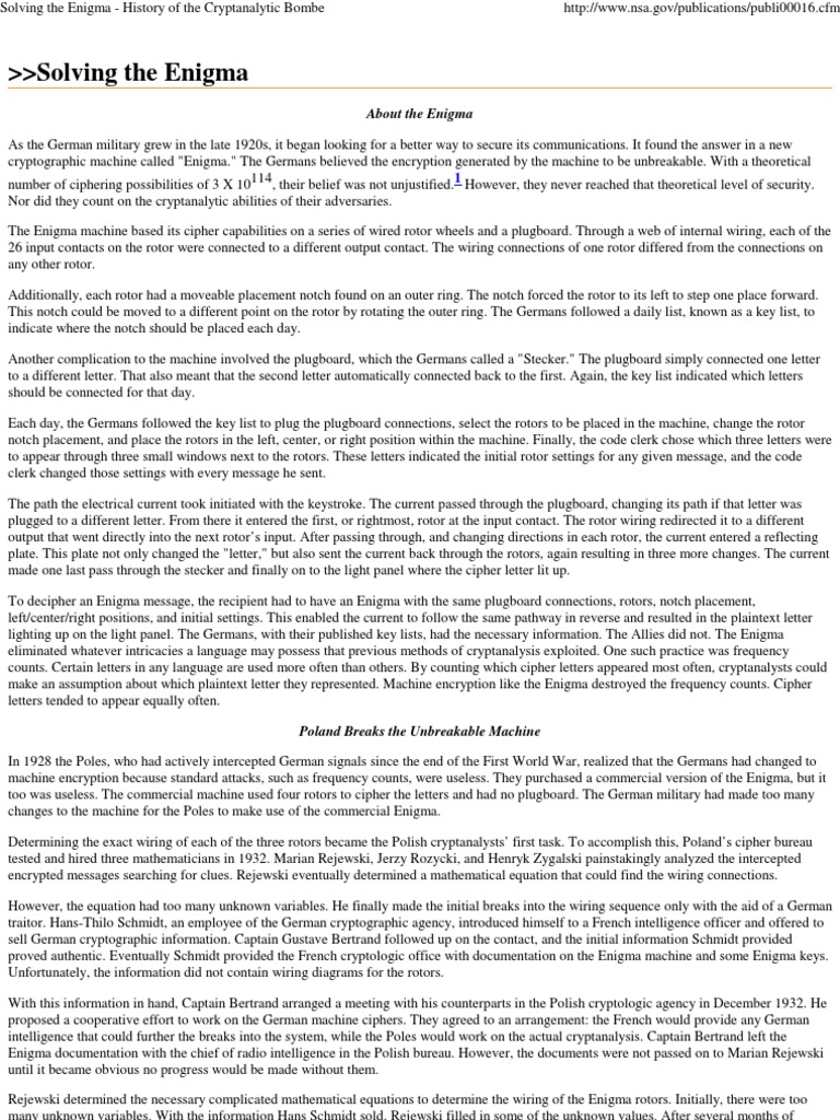 Solving The Enigma - History of The Cryptanalytic Bombe by NSA | PDF ...