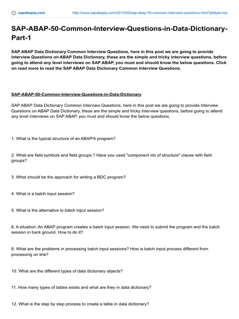Sap Abap 50 Common Interview Questions In Data Dictionary Part 1 Pdf Computer Programming Data