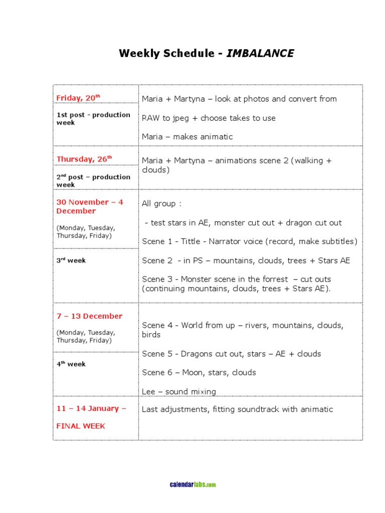 Weekly Animation Production Schedule | PDF | Animation | Leisure