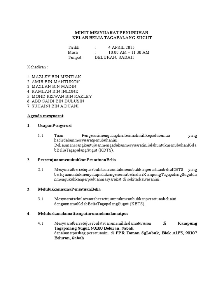 Contoh Minit Mesyuarat Penubuhan Kelab Belia Sugut | PDF
