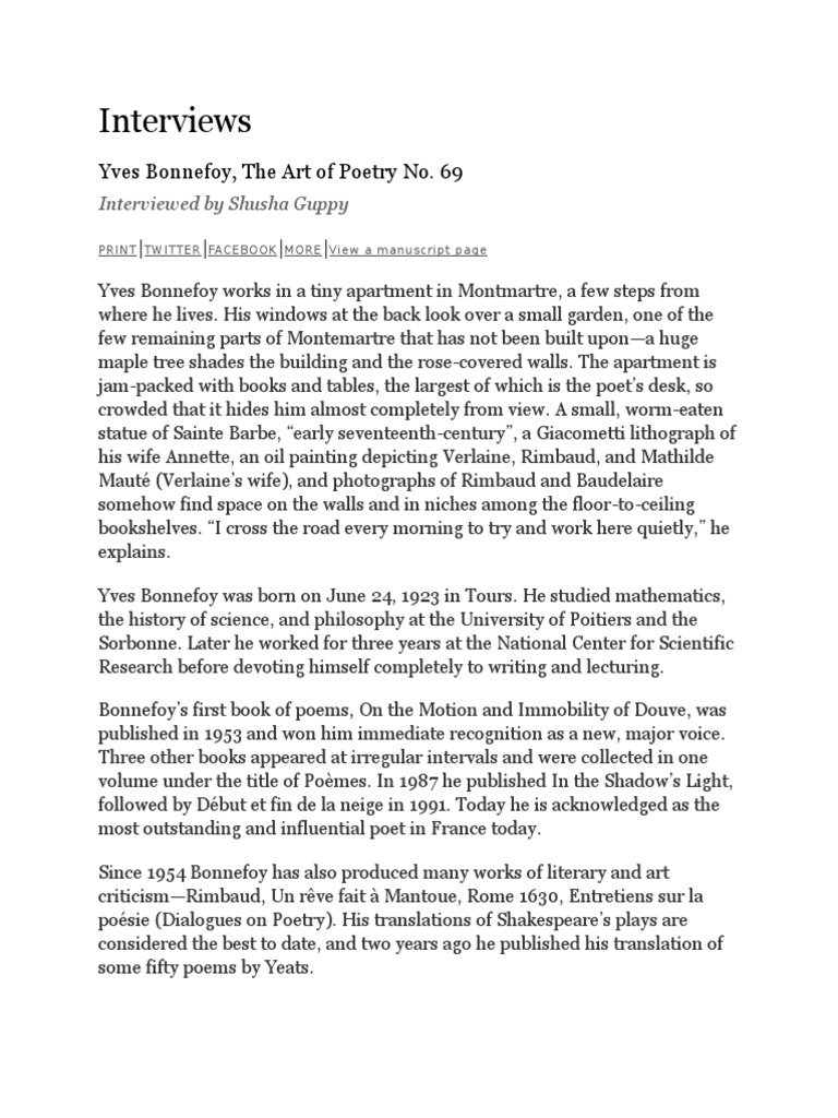 Interview With Yves Bonnefoy | PDF | French Poetry | Poetry