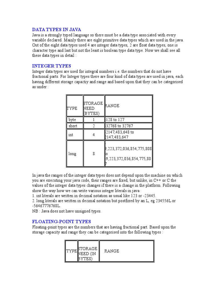 Data Types In Java Pdf Class Computer Programming Data Type