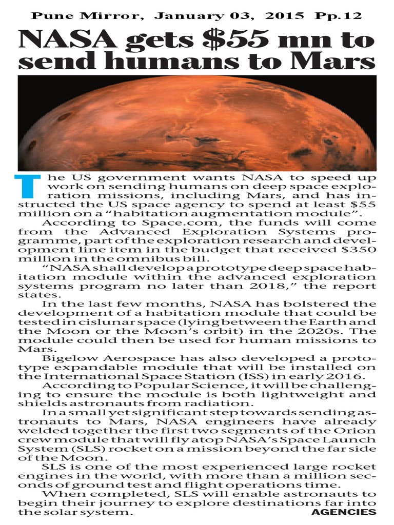 NASA Gets $55 MN To Send Human To Mars | PDF | Space Launch System | Nasa