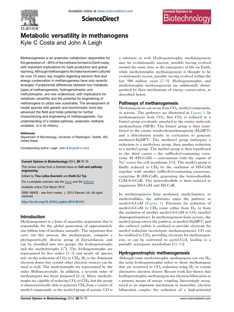 Metabolic Versatility in Methanogens | PDF | Redox | Metabolic Pathway