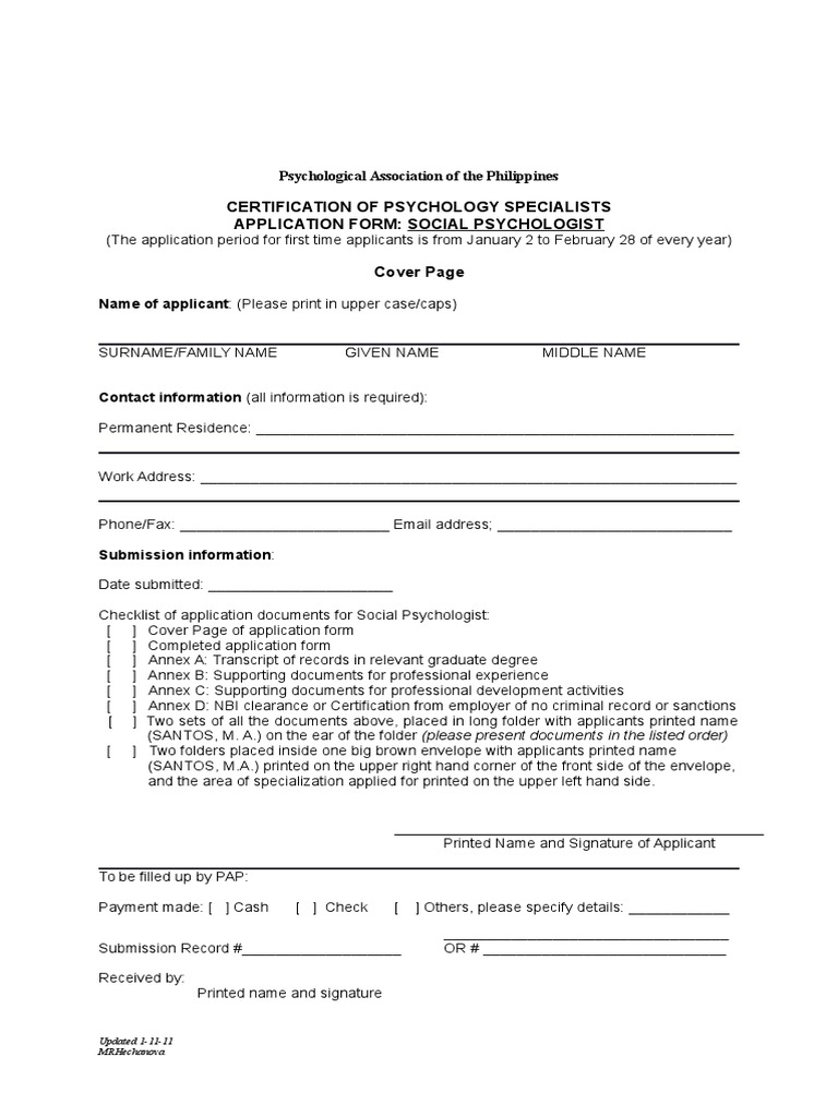 Social Psychologist Application Form | PDF | Graduate School | Social ...