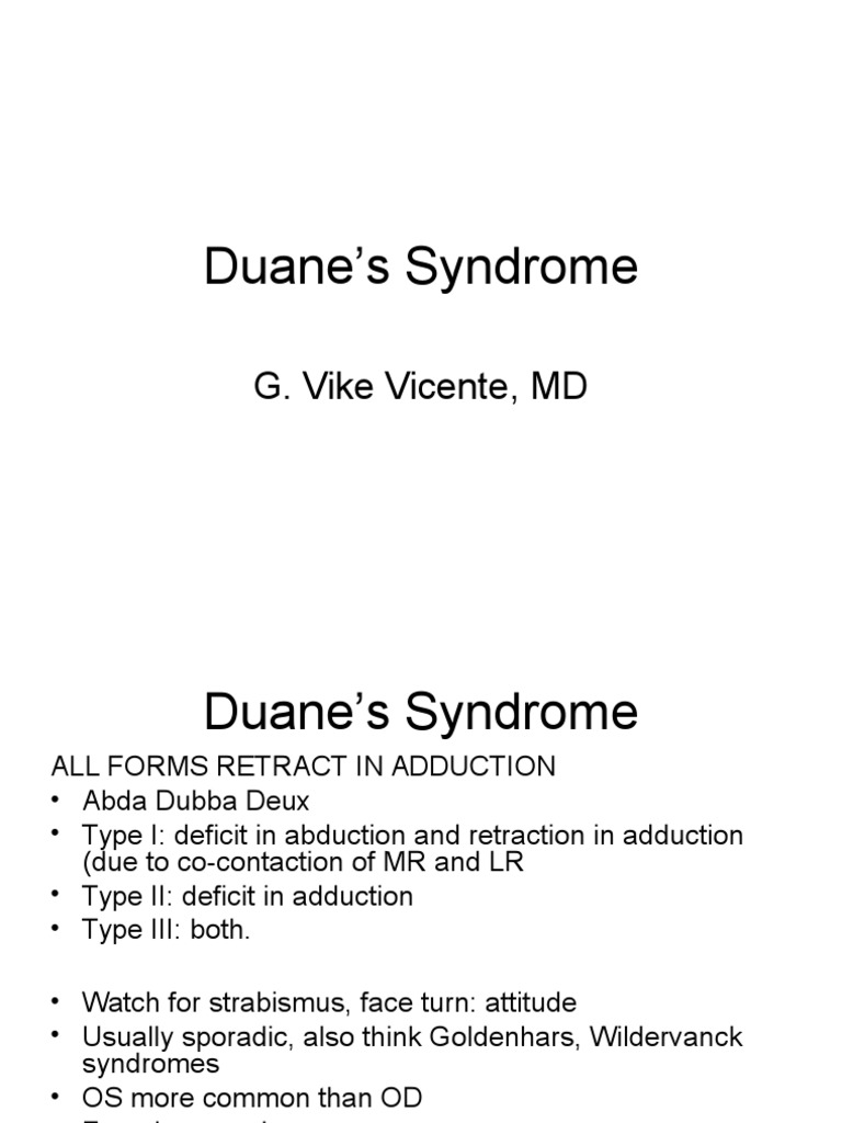 Duane's Syndrome Overview by G. Vicente | PDF | Wellness | Science ...