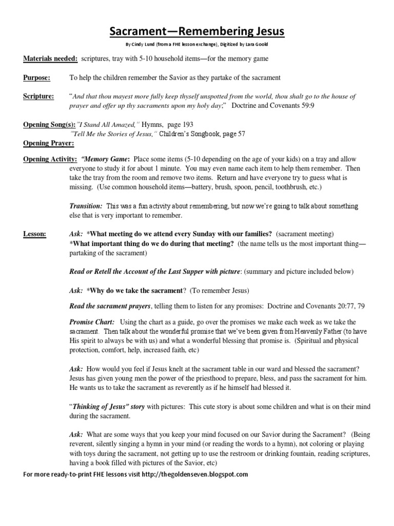 Sacrament - Remembering Jesus FHE Lesson | PDF | Last Supper | Eucharist