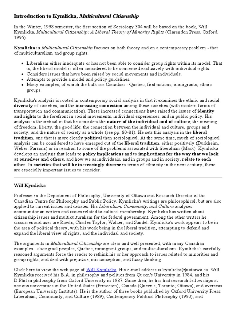 Introduction To Kymlicka, Multicultural Citizenship | PDF | Liberalism ...