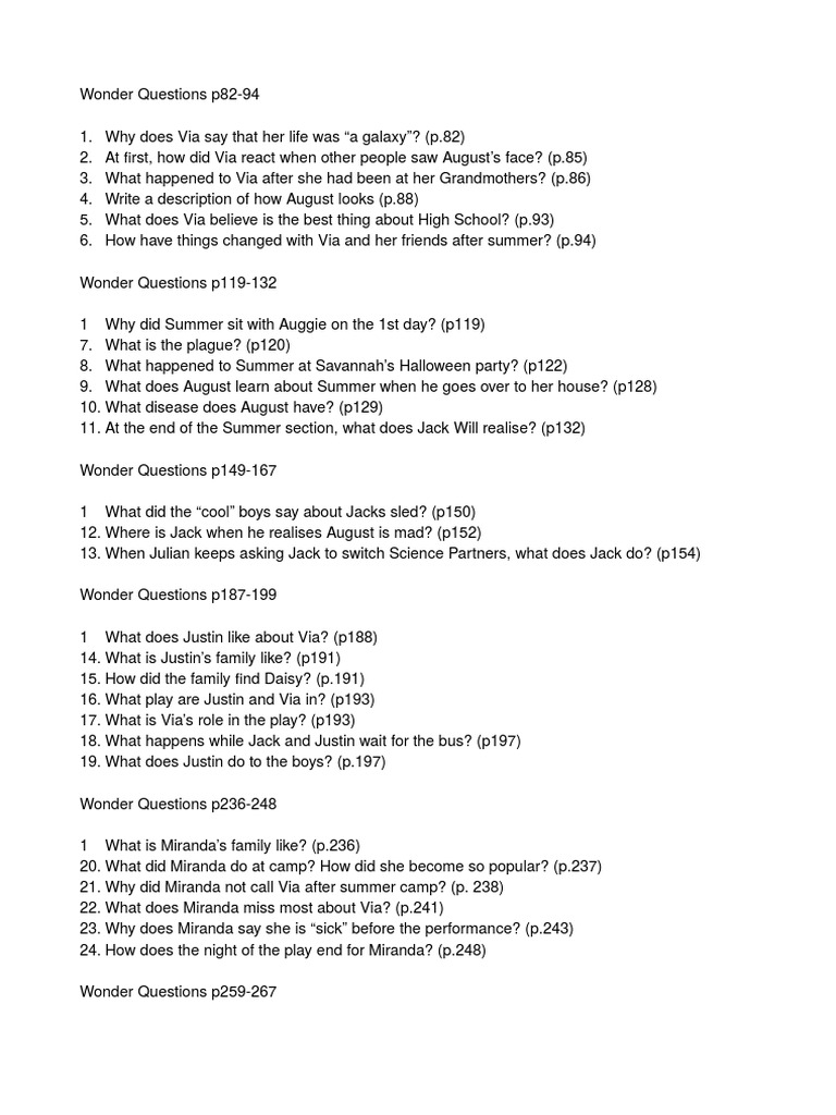Wonder comprehension questions