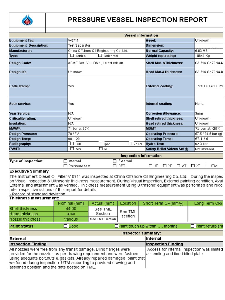 Pressure Vessel Inspection Report | PDF | Gas Technologies | Engineering