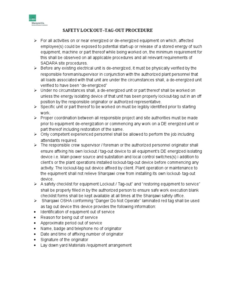 Safety Lockout Tag Out Procedure | PDF | Machines | Electrical Substation