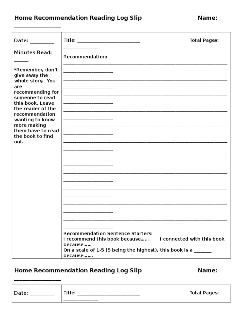 Home Recommendation Reading Log Slip | PDF