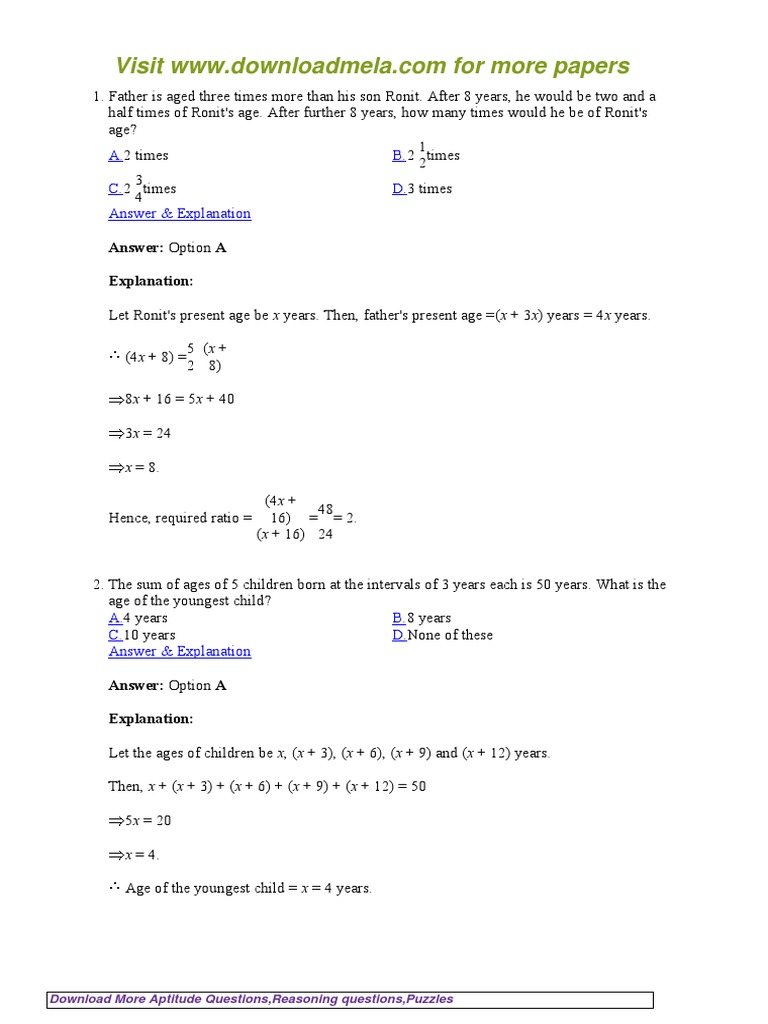 Problems On Ages With Solutions | PDF | Teaching Mathematics