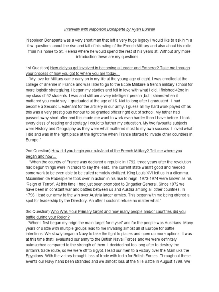 History Assignment 4 Interview of Napoleon Bonaparte | PDF | Napoleon ...