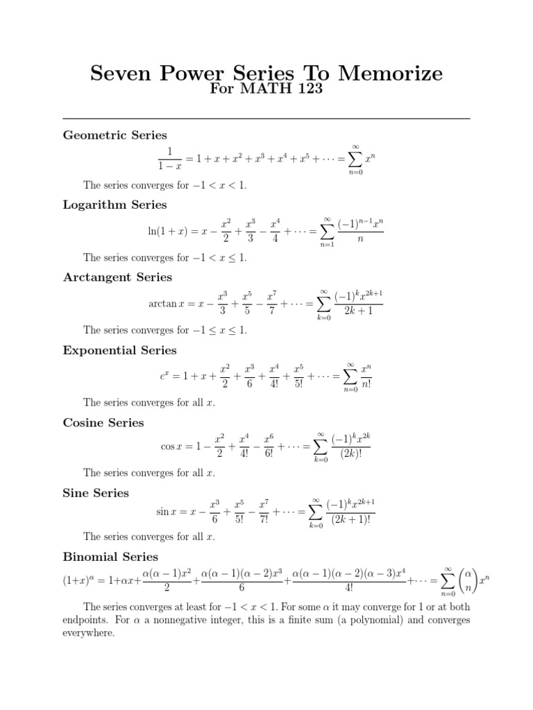 Seven Power Series To Memorize: For MATH 123 | PDF