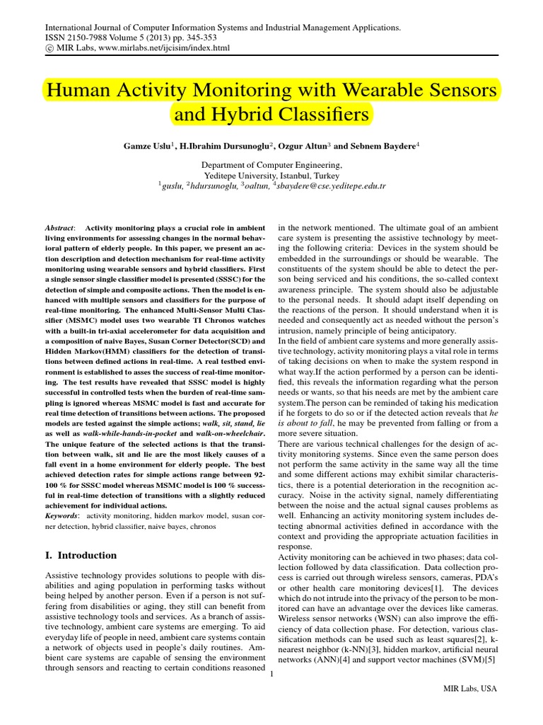 Human Activity Monitoring With Wearable Sensors | PDF | Statistical ...