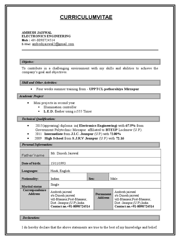 Ambesh Jaiswal's Electronics CV | PDF | Career & Growth