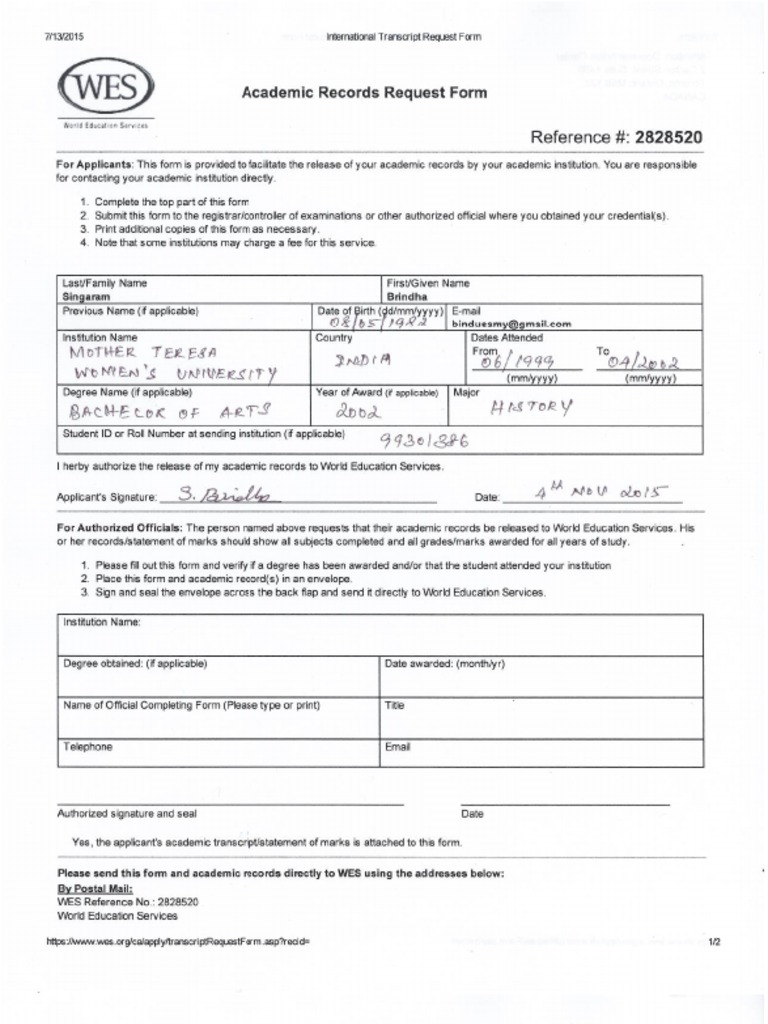 WES Request Form BA - Brindha PDF | PDF