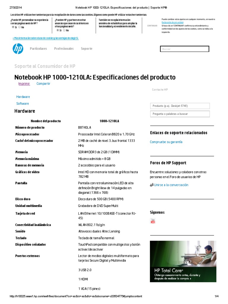 Notebook HP 1000-1210LA | PDF | Microprocesador | Cookie HTTP