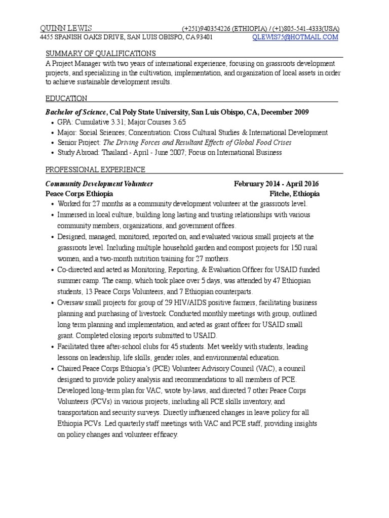 Quinn Lewis Resume | PDF | Peace Corps | Volunteering