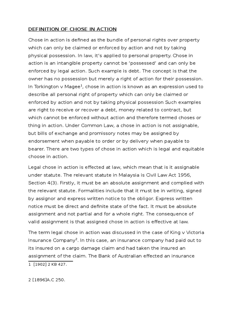 Definition of Chose in Action | Download Free PDF | Assignment (Law ...