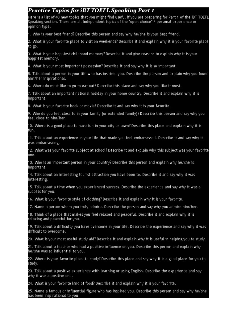 iBT TOEFL Speaking Part 1 Topics | PDF | Cognition